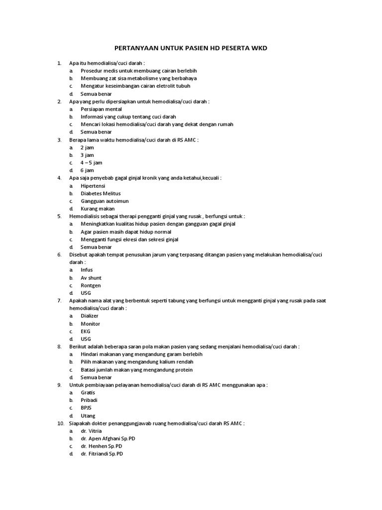 Pertanyaan Untuk Pasien HD Peserta WKD | PDF