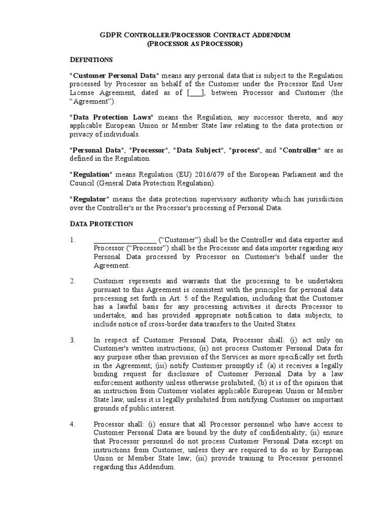 Basic GDPR Controller To Processor Agreement | PDF | Legal Liability ...
