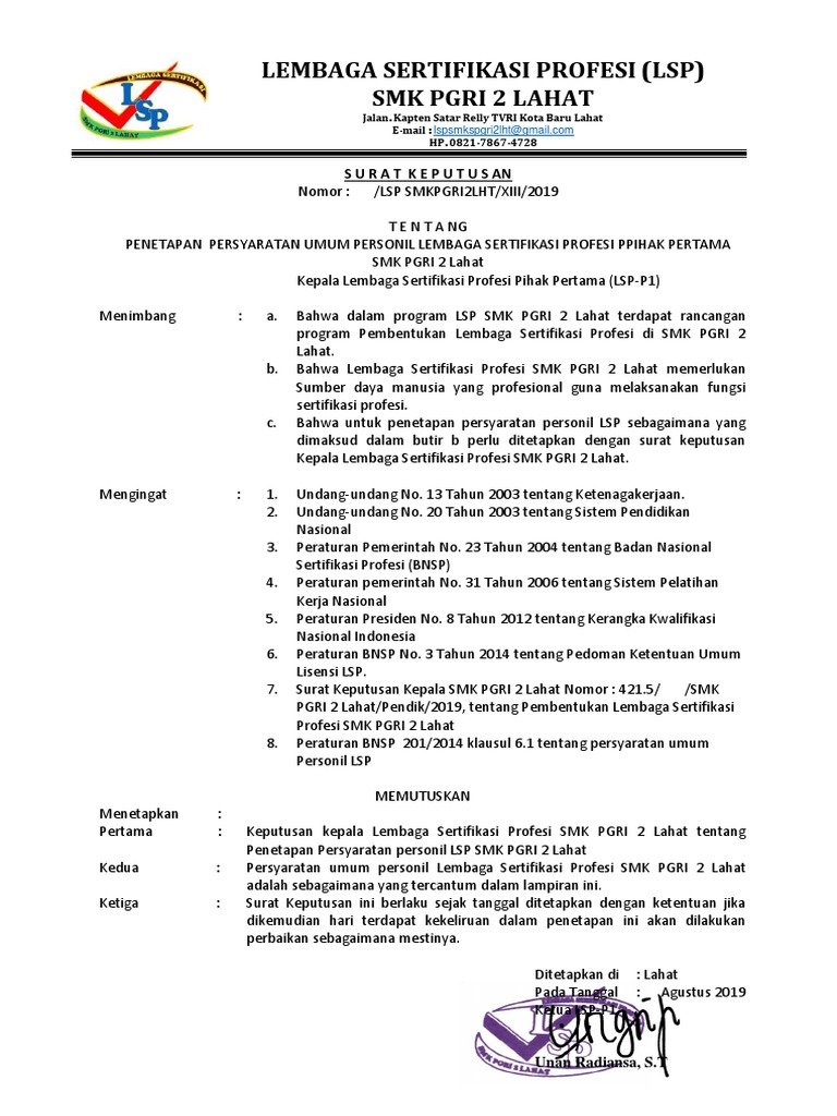 K4.SK Penetapan Persyaratan Personil LSP S PDF | PDF