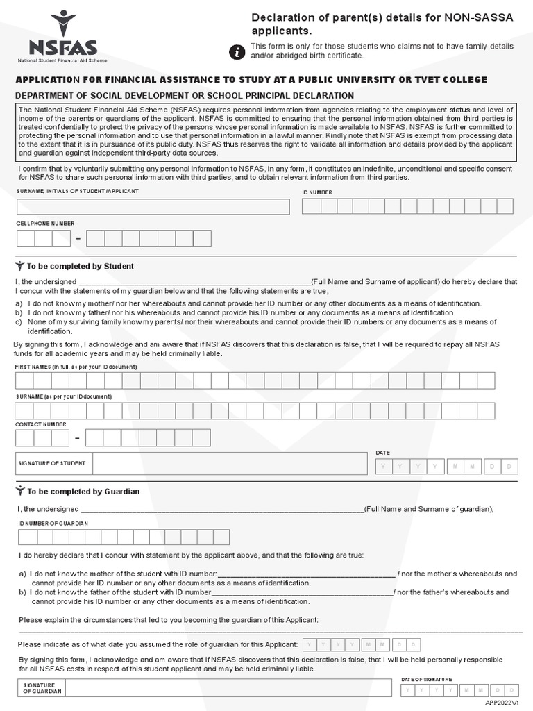 2022 NSFAS - Declaration Form non-SASSA Applicants) Official Document ...
