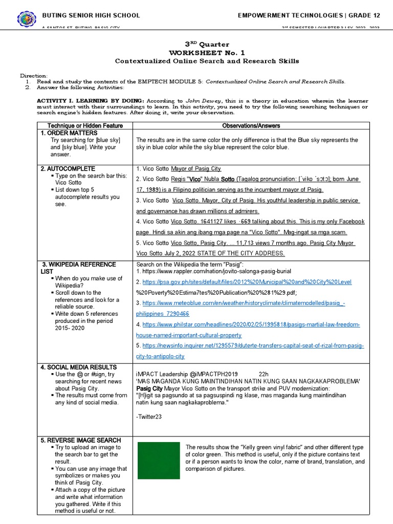 Understanding Online Search Techniques: A Worksheet on Contextualized ...