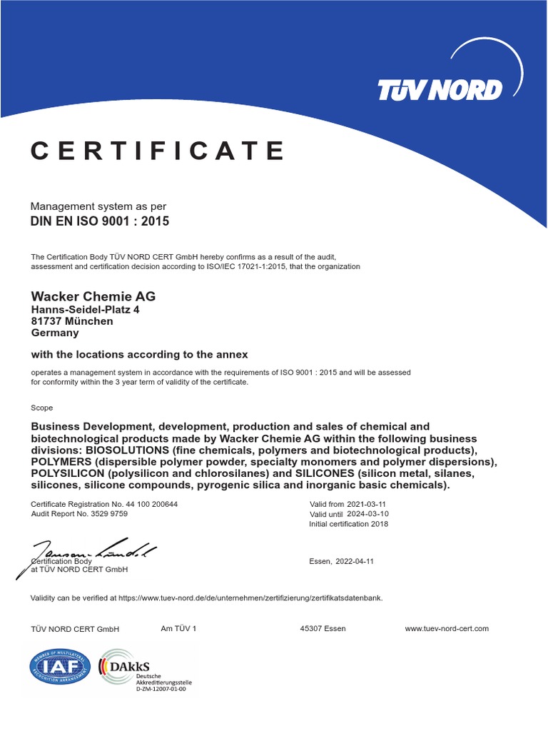 Aerosil Wacker - Group - Iso9001 - en | PDF | Silicone | Silicon