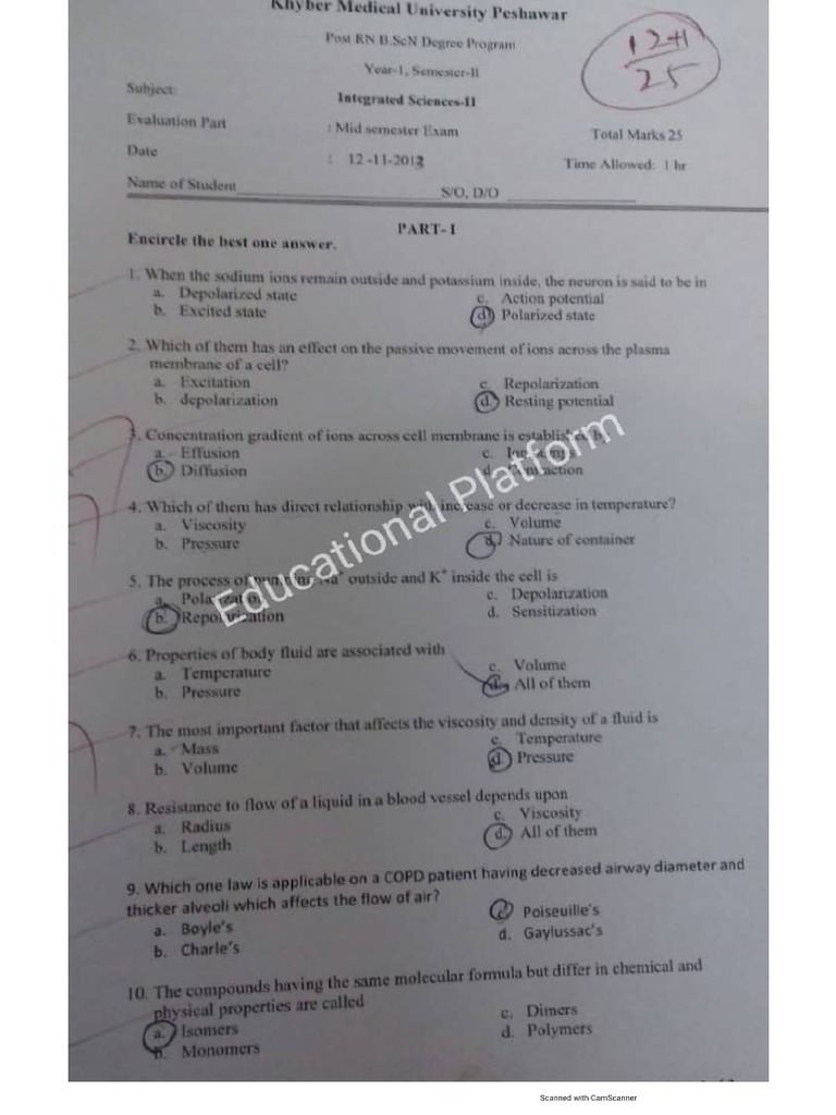 Anatomy and Physiology 1st Semester BSN Past Paper, Educational ...