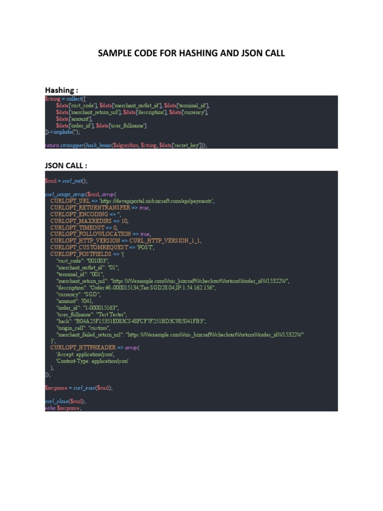 Sample Code For Hashing and Json Call | PDF