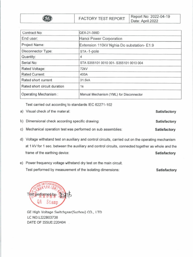 Routine Test Report DS 72kV | PDF