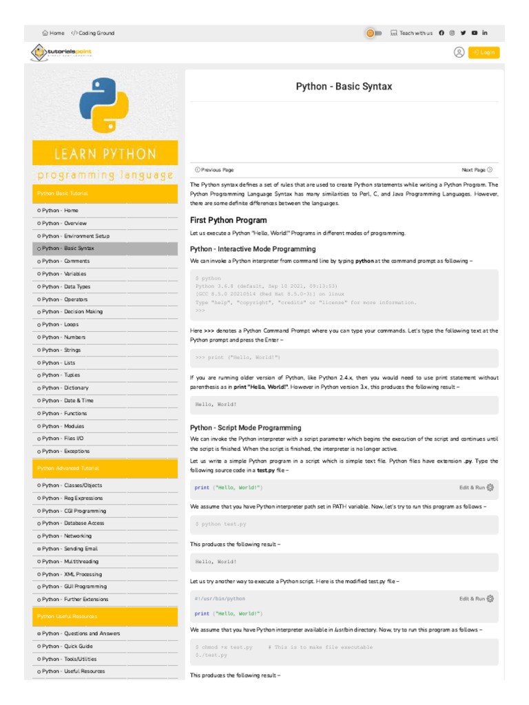 Tutorialspoint Com Python Python Basic Syntax Htm Pdf Python Programming Language