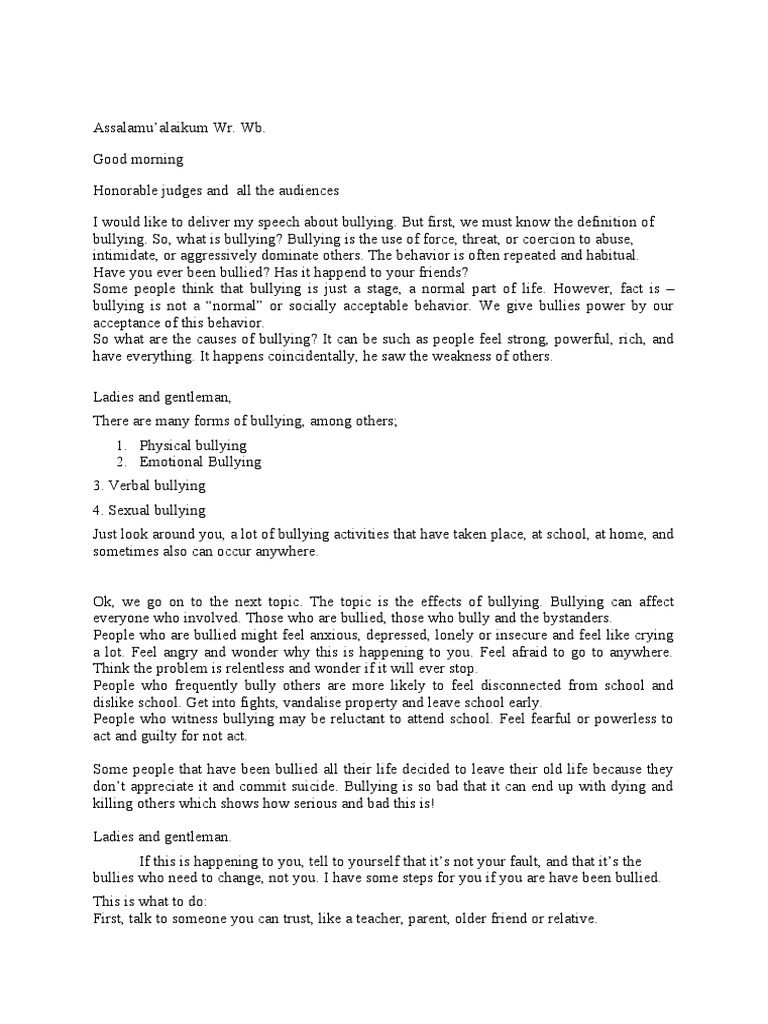 English Speech About Bullying | PDF | Bullying | Interpersonal Conflict