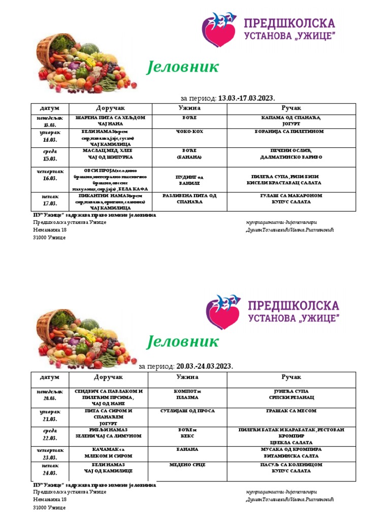 Jelovnik Od 13.03 Do 24.03.2023 Godine 1 1 | PDF