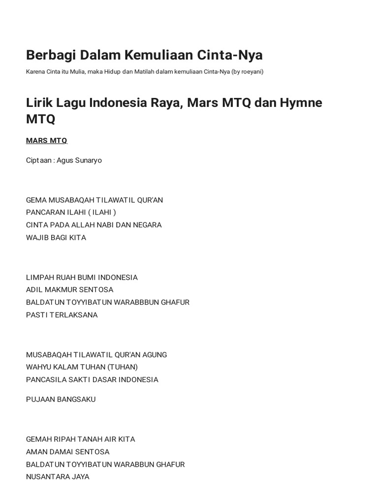 Lirik Lagu Indonesia Raya, Mars MTQ Dan Hymne MTQ - Berbagi Dalam Kemuliaan Cinta-Nya | PDF