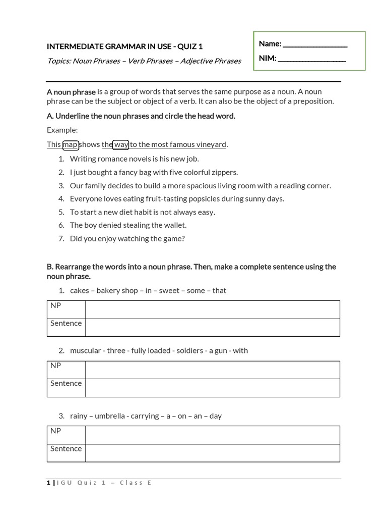 QUIZ 1-Noun Verb Adjective Phrases | PDF | Phrase | Verb