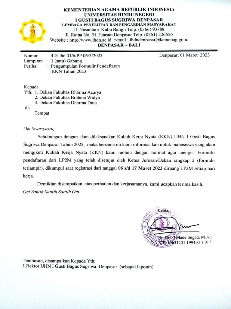 Surat Pengumpulan Formulir Pendaftaran KKN 2023 | PDF