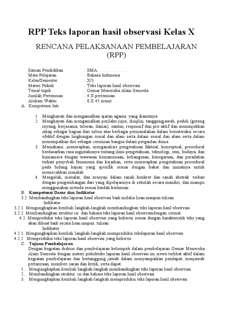 RPP Teks Laporan Hasil Observasi Kelas X | PDF