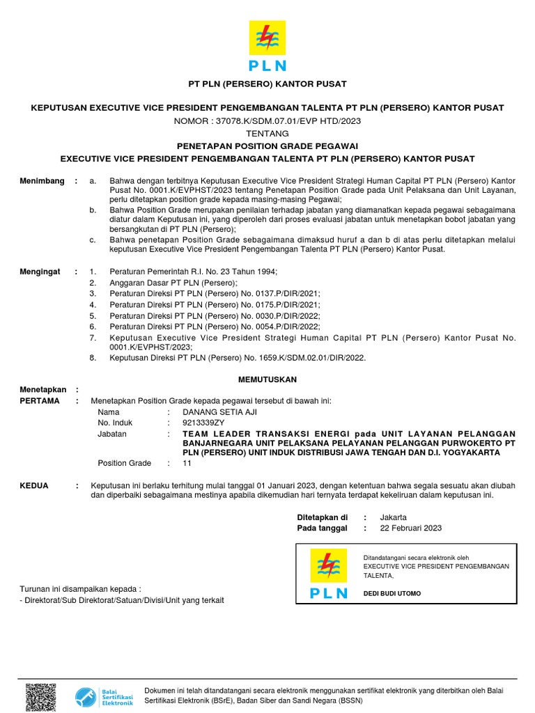 SK Penetapan Position Grade - 37078.K - SDM.07.01 - EVP HTD - 2023 PDF | PDF