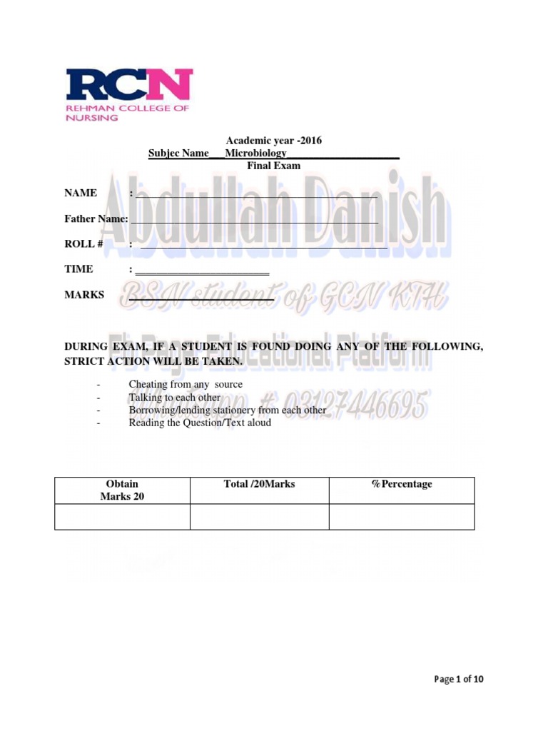 Microbiology 1st Semeter BSN Mcqs by RCN, Educational Platform | PDF | Immune System | Antibody