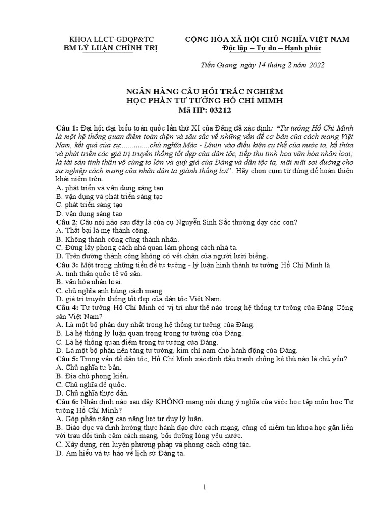 Ngan Hang Cau Hoi Trac Nghiem Tu Tuong Ho Chi Minh 1677056773 | PDF