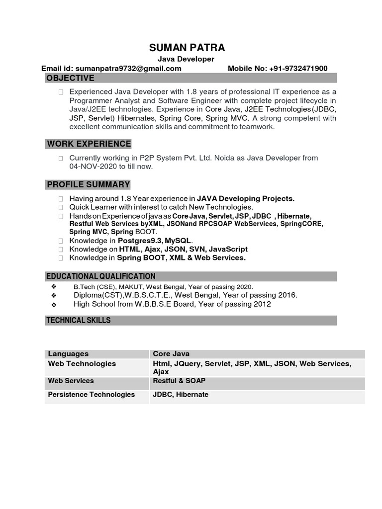 Suman Patra - Java Developer - 2 Year | PDF | Spring Framework | Web Service