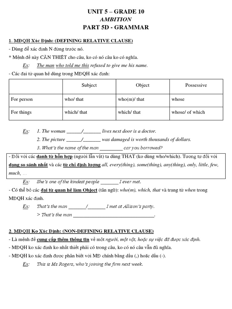 Grade 10 - Unit 5D - Grammar | PDF