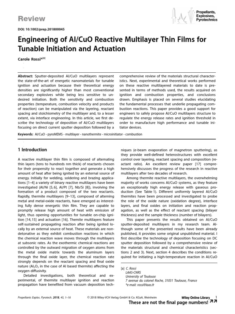 Engineering of AlCuO Reactive Multilayer Thin Films For Tunable ...