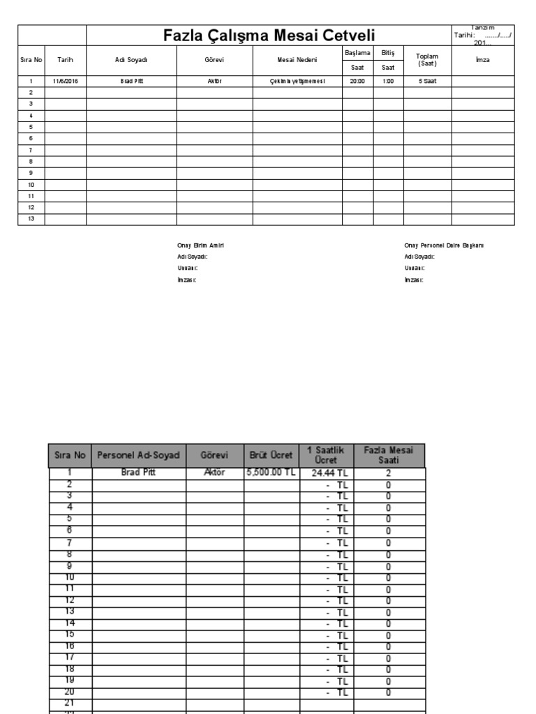 Fazla Mesai Takip Çizelgesi | PDF