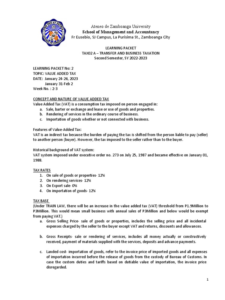 Adzu Tax02 A Learning Packet 2 Value Added Tax | PDF | Value Added Tax ...