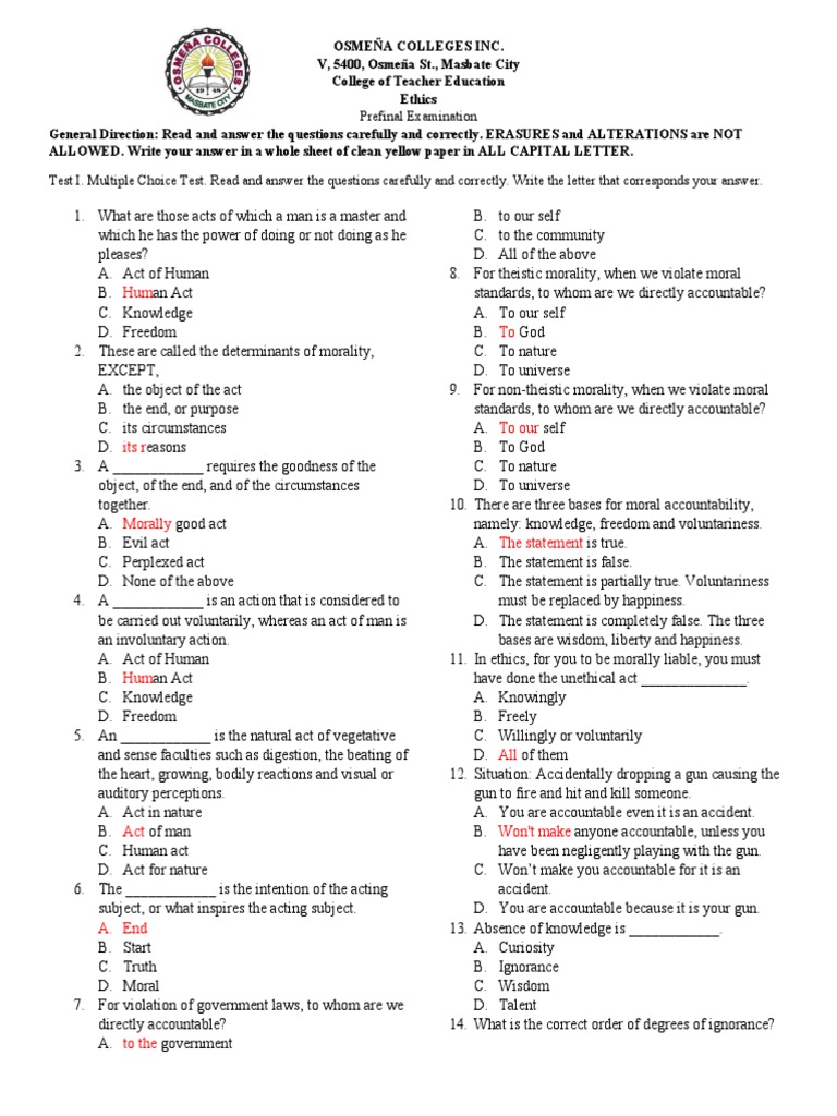 Ethics Prefinal Exam With Key | PDF | Reason | Feeling