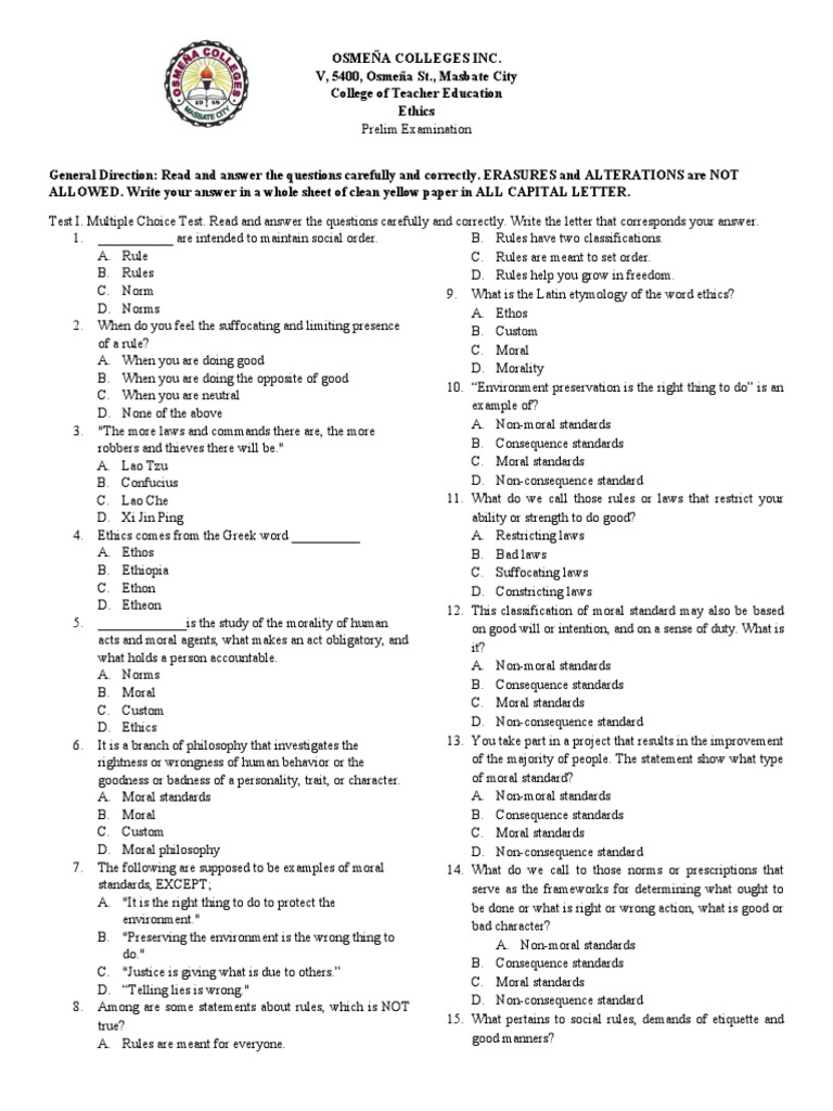 Ethics Prelim Exam Pdf Morality Etiquette