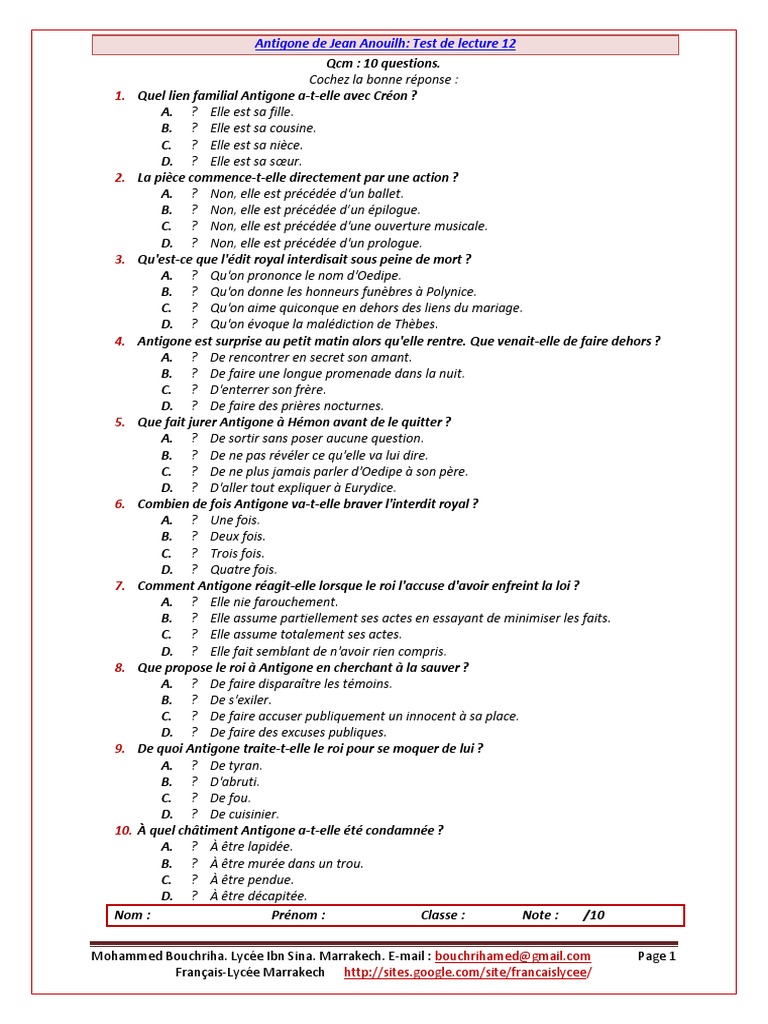 QCM Antigone : Test de lecture 10 questions | PDF