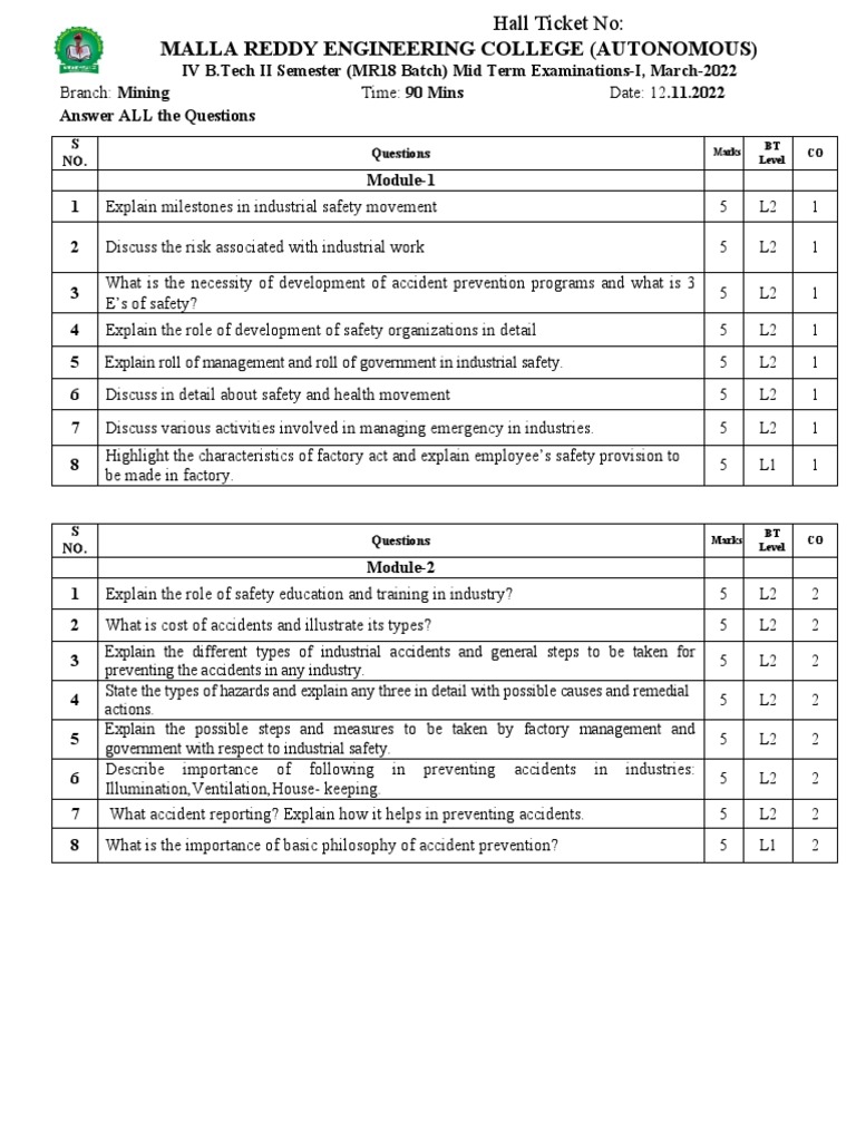 Industrial Safety MID I Sujective QB | PDF | Occupational Safety And Health | Business