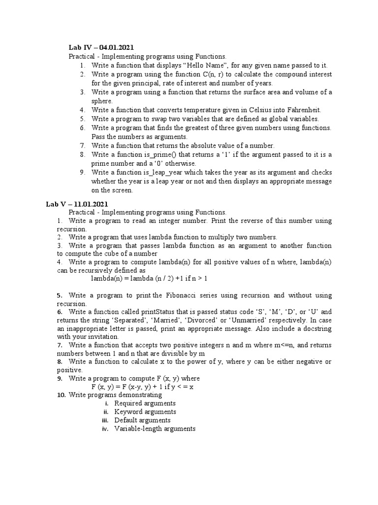 Functions Lab A Collection Of Programming Exercises Utilizing