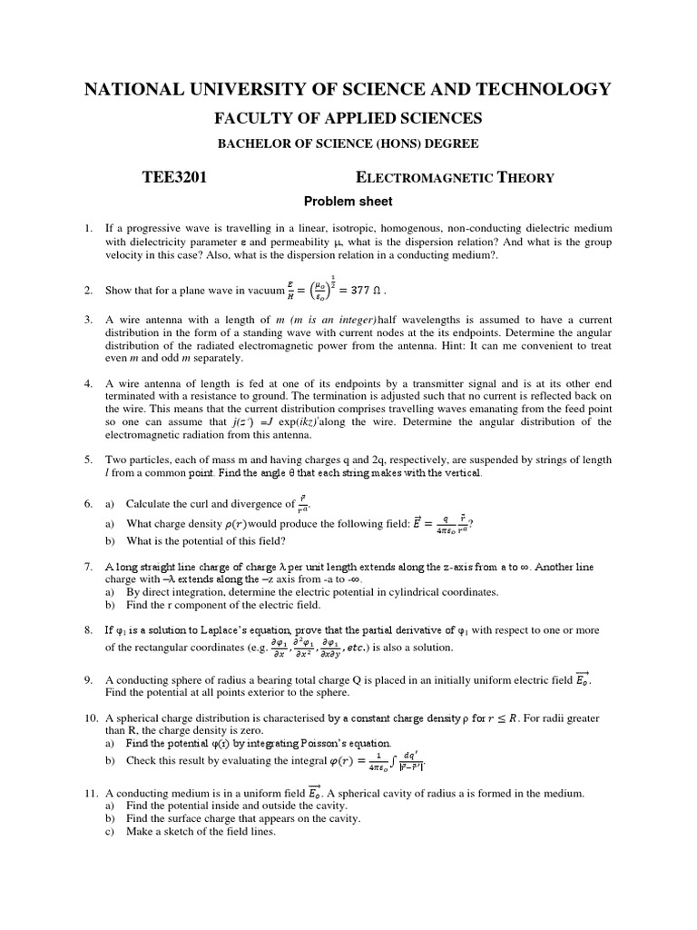 Problems For Electromagnetic Theory TEE3201 | PDF | Waves | Capacitor