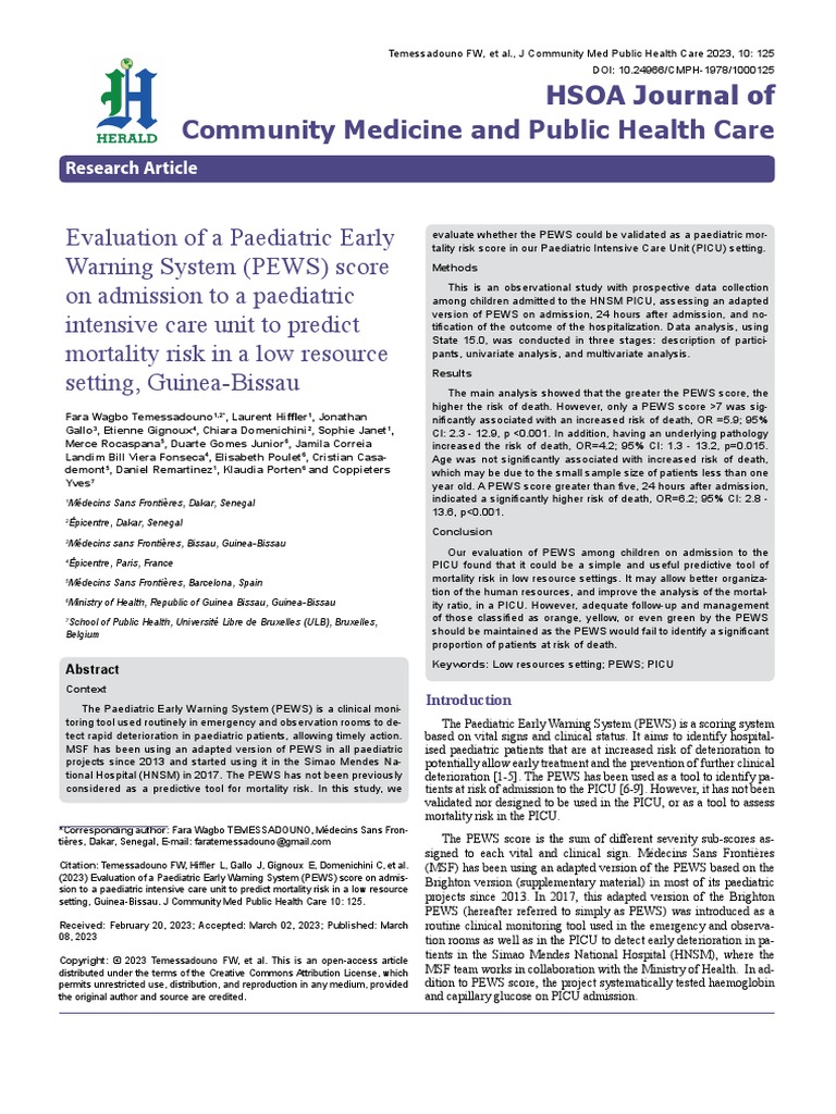 Evaluation of A Paediatric Early Warning System Pews Score On Admission ...