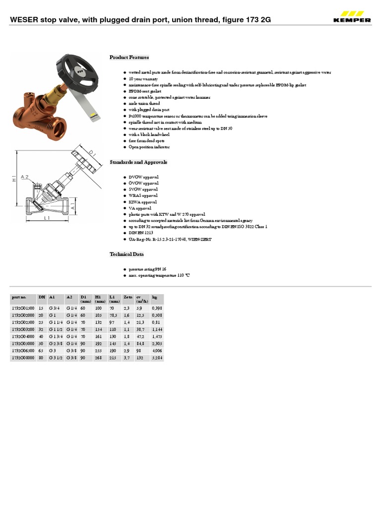 WESER Stop Valve, With Plugged Drain Port, Union Thread, Figure 173 2G ...