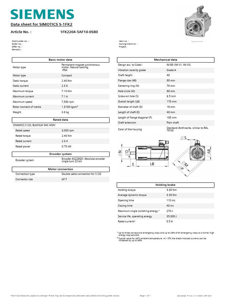 1FK2204-5AF10-0SB0 Datasheet en | PDF | Electric Motor | Machines