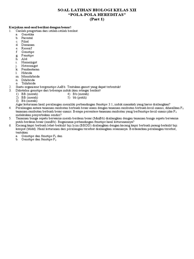 SOAL LATIHAN BIOLOGI KELAS XII Pola-Pola Hereditas | PDF