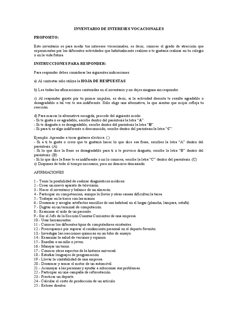 Inventario de Intereses Vocacionales | PDF