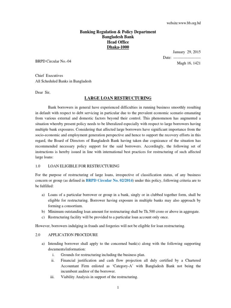BRPD Circular No. 04 Large Loan Restructuring - 29.01.15 | PDF | Loans ...