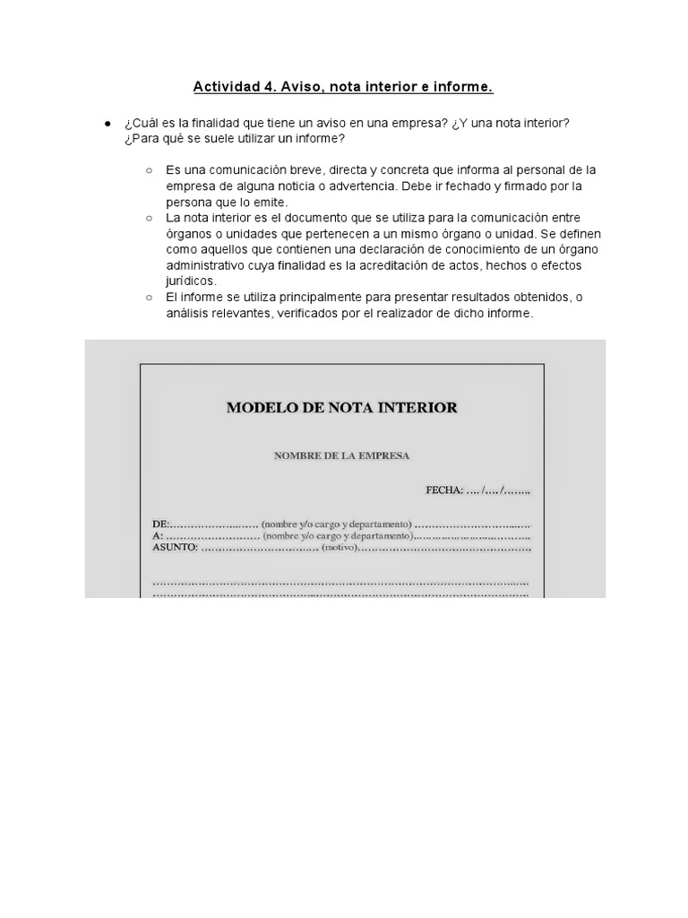 Actividad 4. Aviso, Nota Iniooooterior e Informe. | PDF