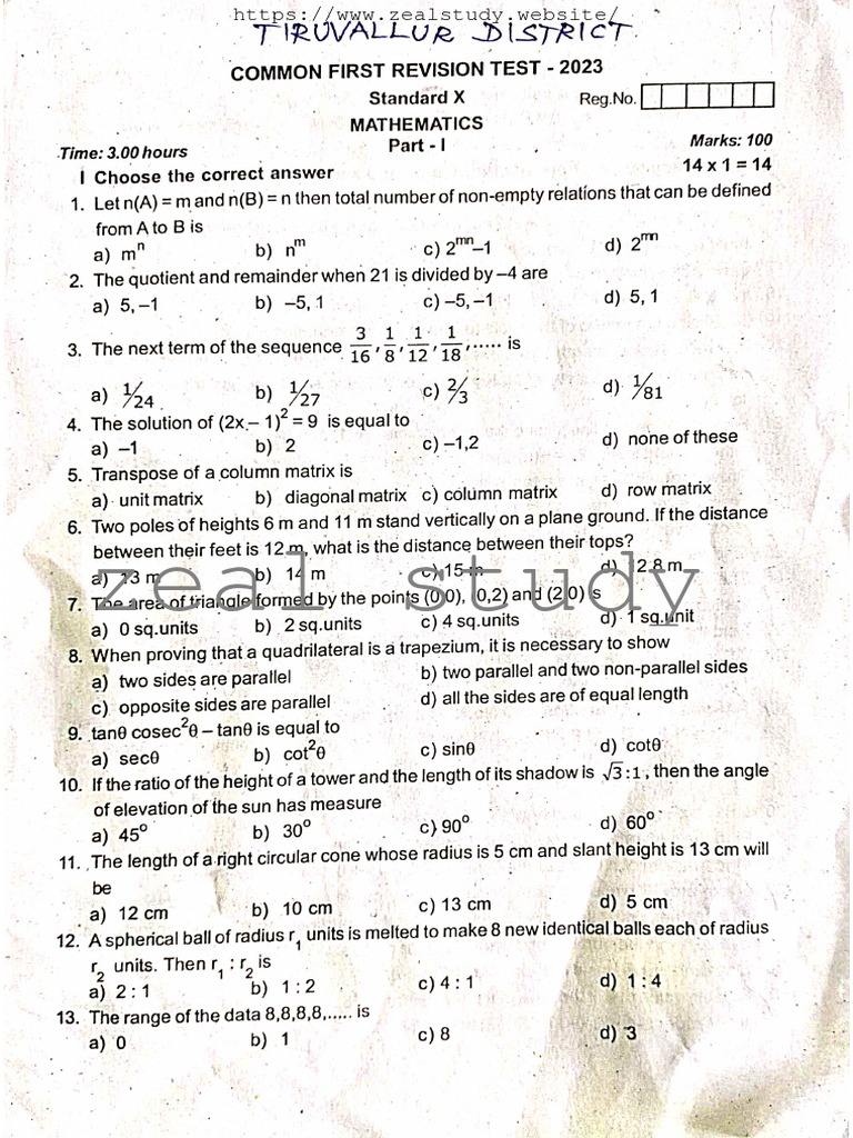 10th MATHS EM FIRST REVISION QUESTION 2022 23 THIRUVALLUR DT | PDF | Home & Garden | Wellness