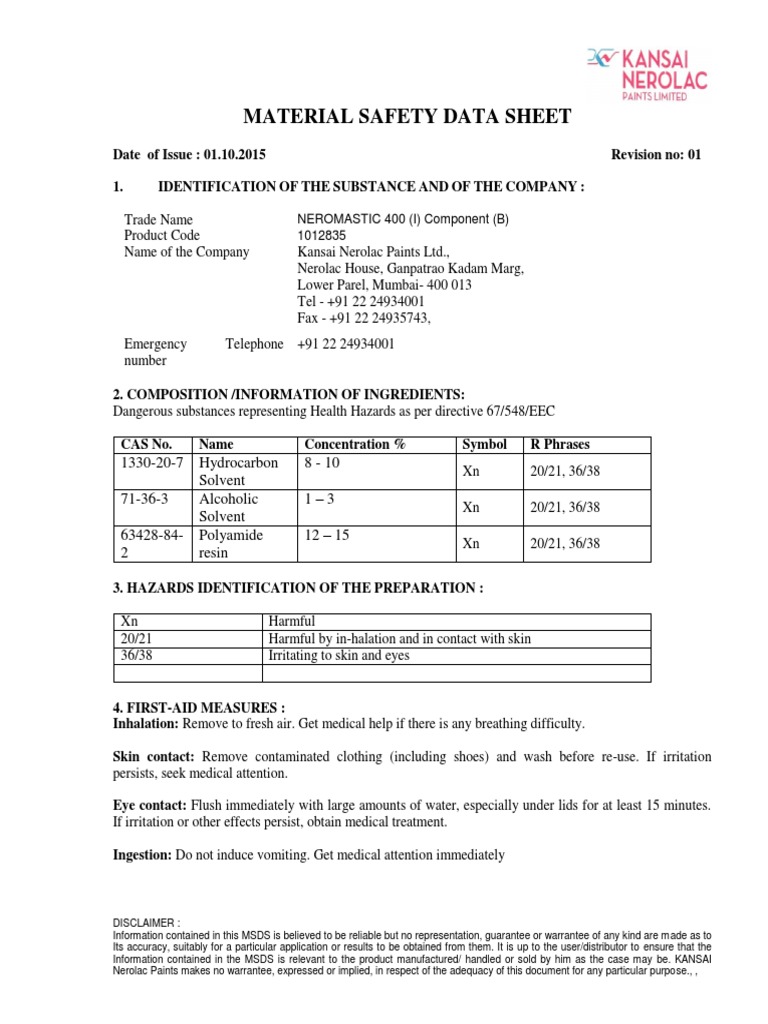 Neromastic 400 MSDS Overview | PDF | Firefighting | Personal Protective ...