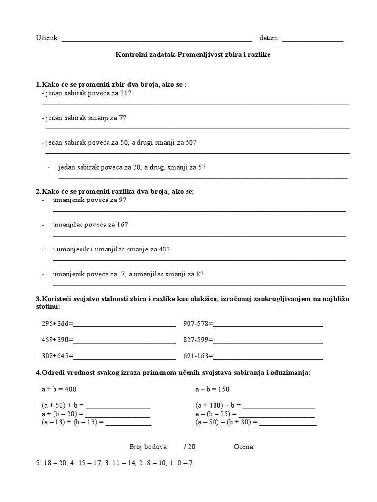 Kontrolni Zadatak Matematika III 7 Promenljivost Zbira I Razlike | PDF
