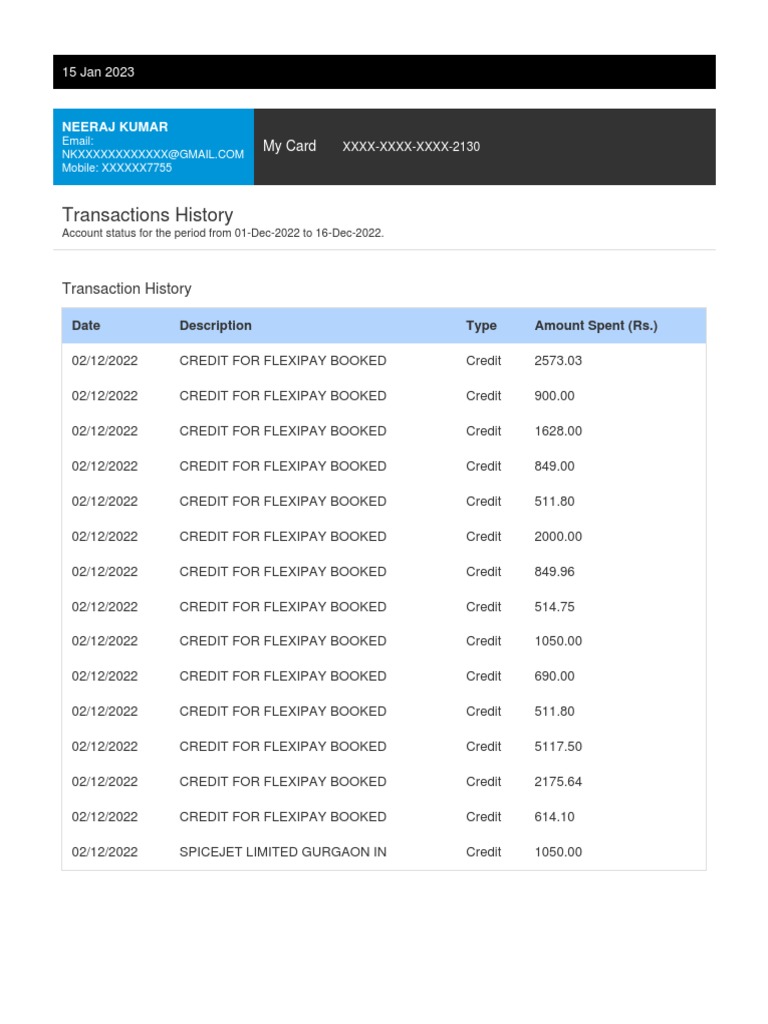 SBI Card Transaction - History Before Flexi Loan On Credit Card | PDF