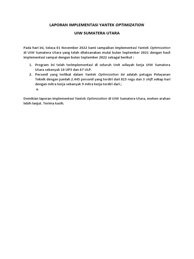 Laporan Implementasi Yantek Optimization 24102022 | PDF