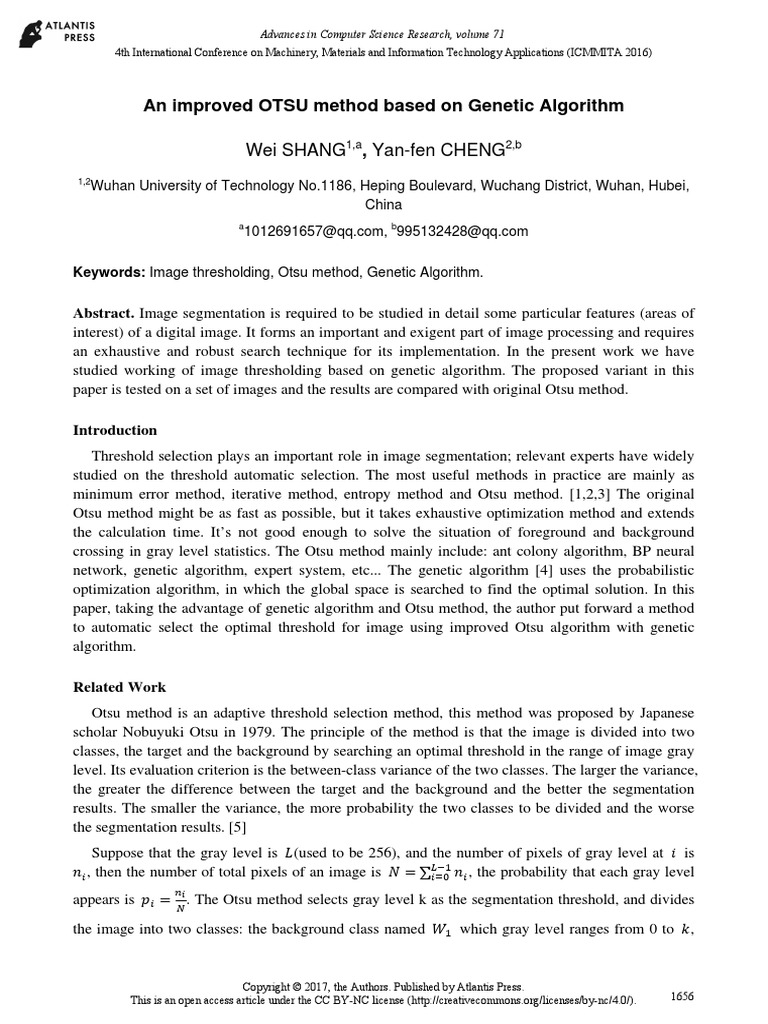 An Improved Otsu Method Based On Genetic Algorithm Yan Fen Cheng Pdf Image Segmentation