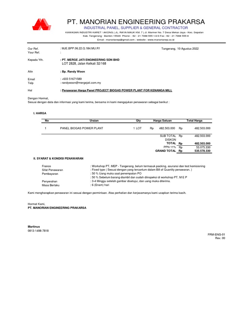 184R1 - MERGER JATI ENGINEERING SDN BHD - KNM - Biogas - Electrical RFQ PDF | PDF