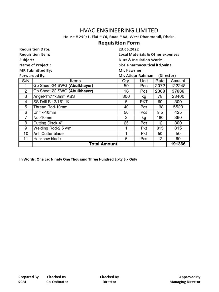 Hvac Engineering Limited: Requisition Form | PDF | Equipment | Building ...