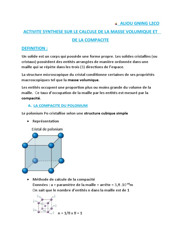 Activite Synthese Sur Le Calcule de La Masse Volumique Et de La ...