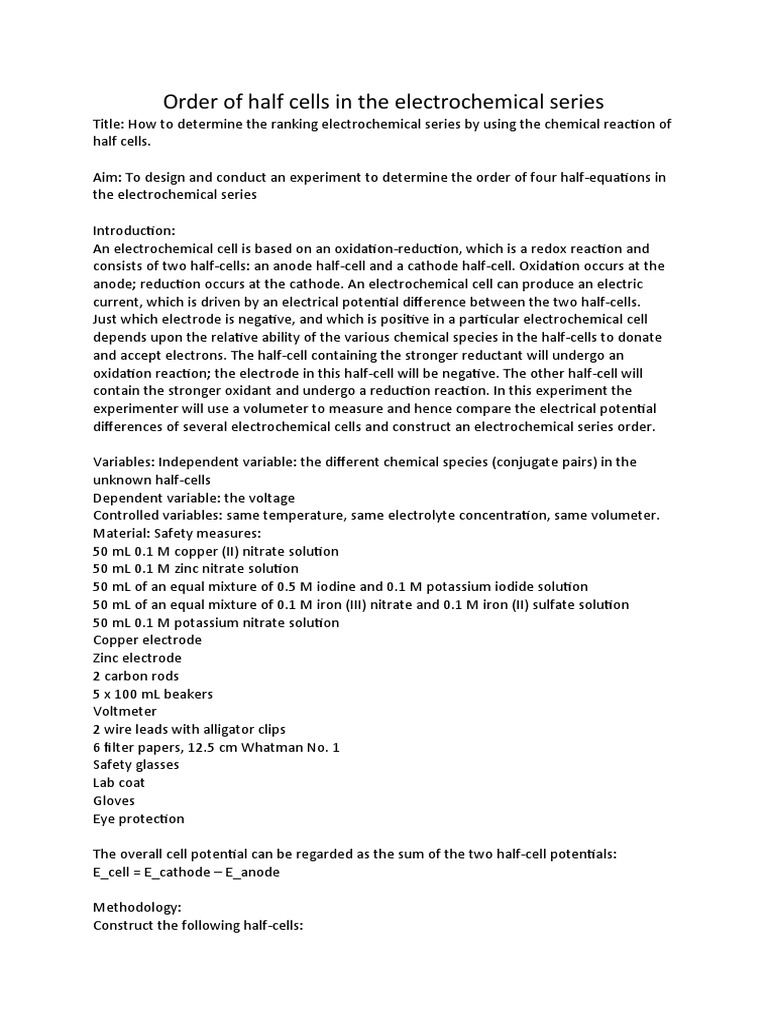 Order of Half Cells in The Electrochemical Series | PDF ...