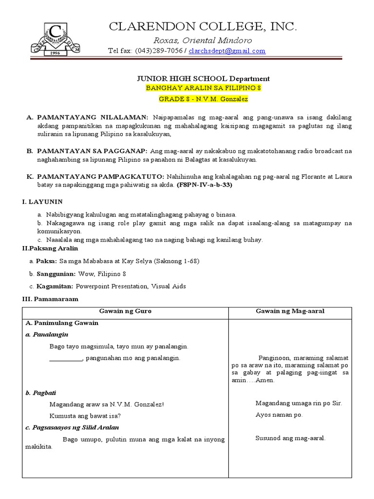 Banghay-Aralin Filipino 8 - FLORANTE at LAURA N.v.M. Gonzalez | PDF