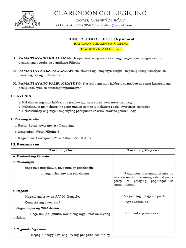 Final 3 Lesson Plan 1 NVN Gonzalez Filipino 8 | PDF