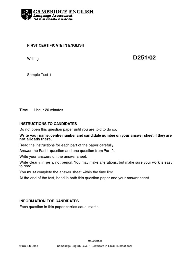 Examen Muestra 1 Cambridge English First B2 Writing PDF | PDF ...